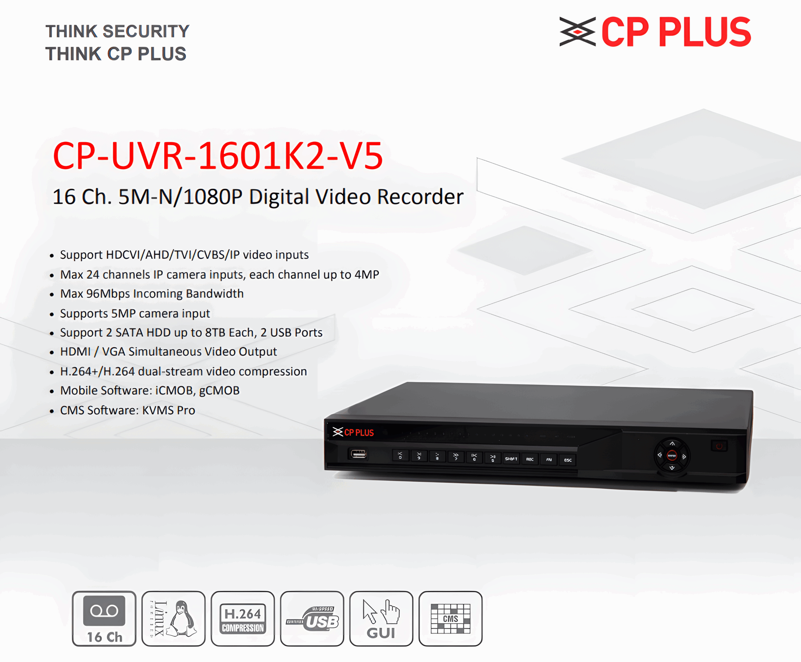CP-UVR-1601K2-V5 | 16 Analog + 8 IP DVR | 5MP Support, Auto-Signal Adapt, Extra IP Channels ...