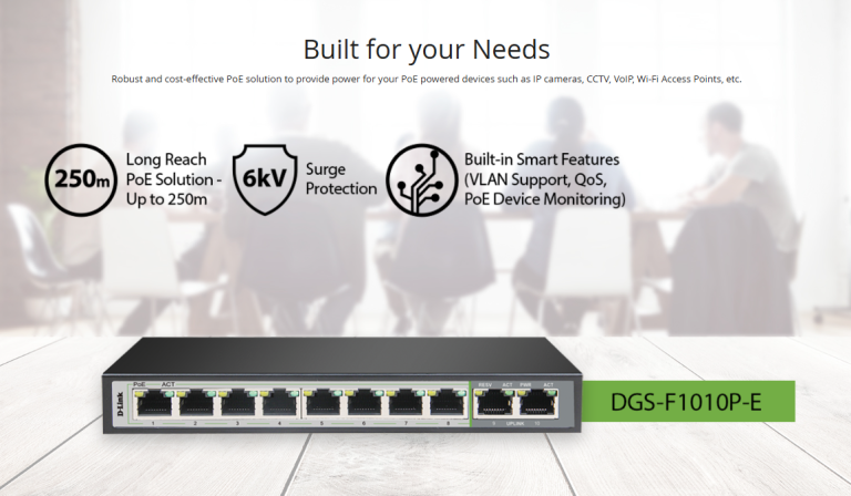 D-Link DGS-F1010P-E | 10-Port Gigabit PoE+ Switch, 8 PoE+ Ports, 2 ...